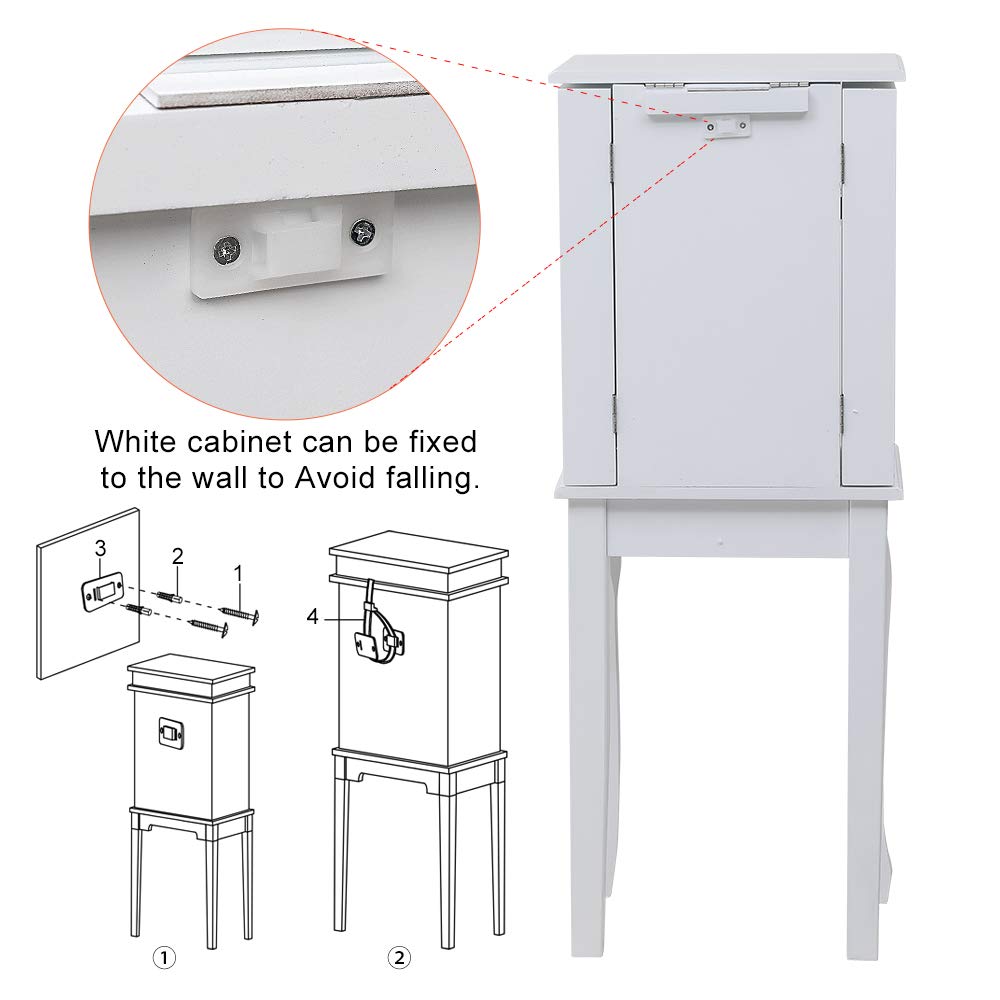 Karl home White Jewelry Armoire With Top Flip Mirror and Storage Organizer, Standing Jewelry Cabinet With 5 Grey flannel Drawers, 2 Side Doors and 4 Solid Wood Legs