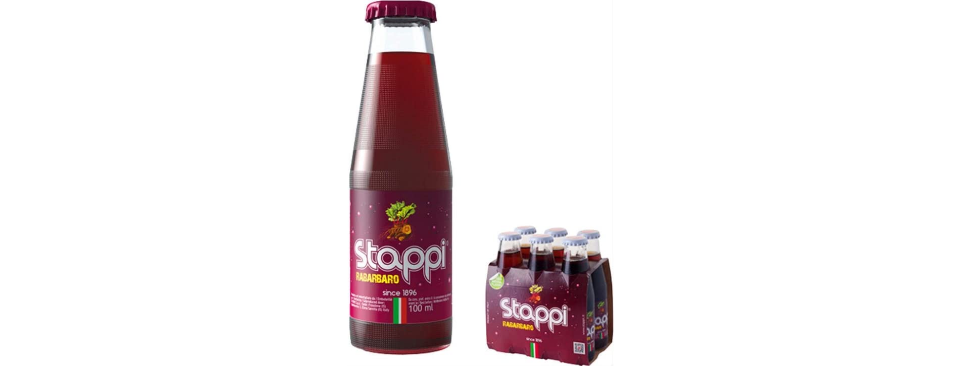 Stappi Rhubarb Bitter Soda 6 x 3.38 fl oz. (100ml) Stappj Rabarbaro Aperitivo Digestivo [Italian Import] Non-Alcoholic Liqueur Aperitif Cocktail Mixer| Sparkling Stappi Aromatic Beverage for Spirits from Italy