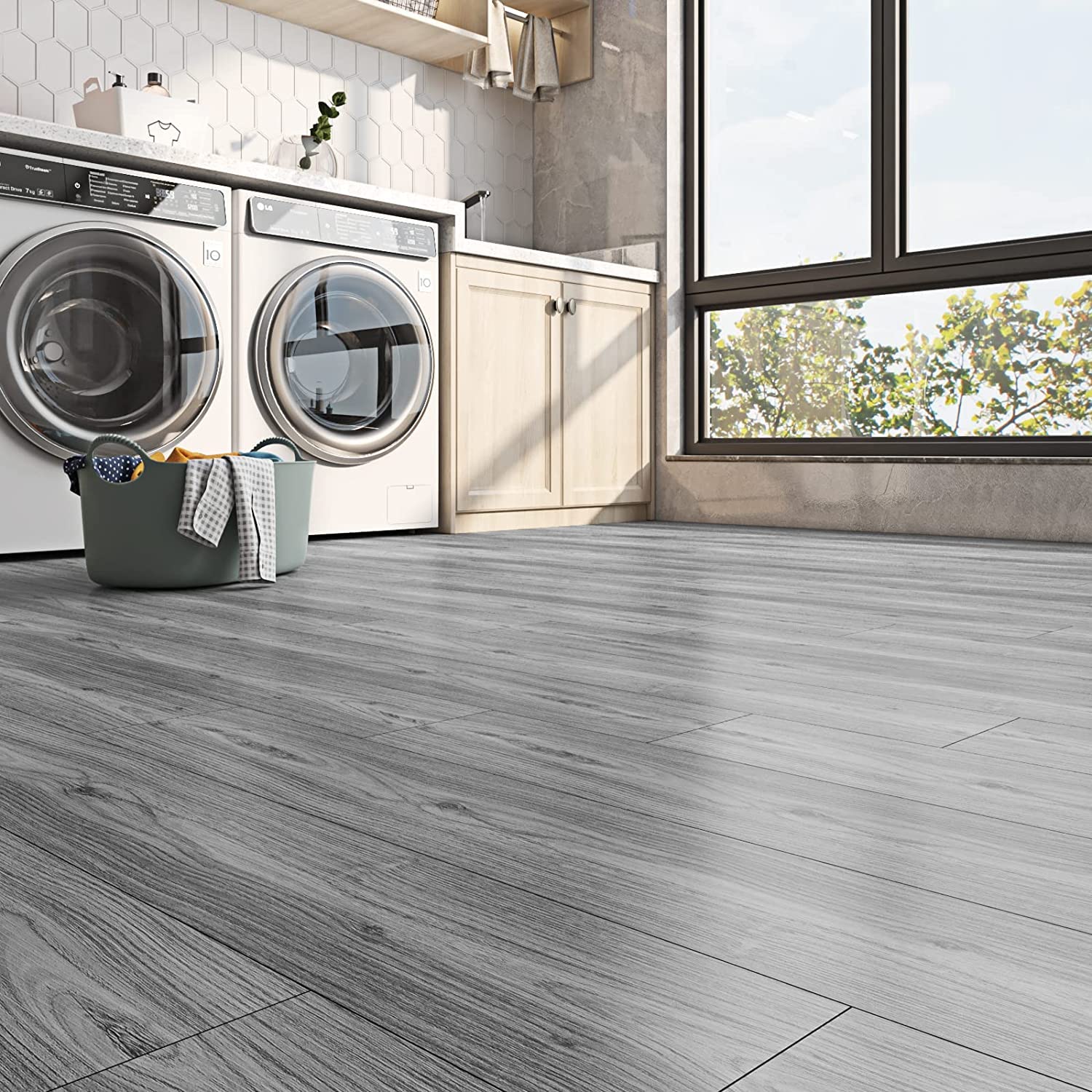 FunStick 6"x36" 30 Sheets Peel and Stick Floor Tile Waterproof Grey Wood Look Vinyl Flooring Planks Peel and Stick Wood Planks for Walls Sticky Tiles for Floor Bathroom Kitchen RV Laminate Flooring