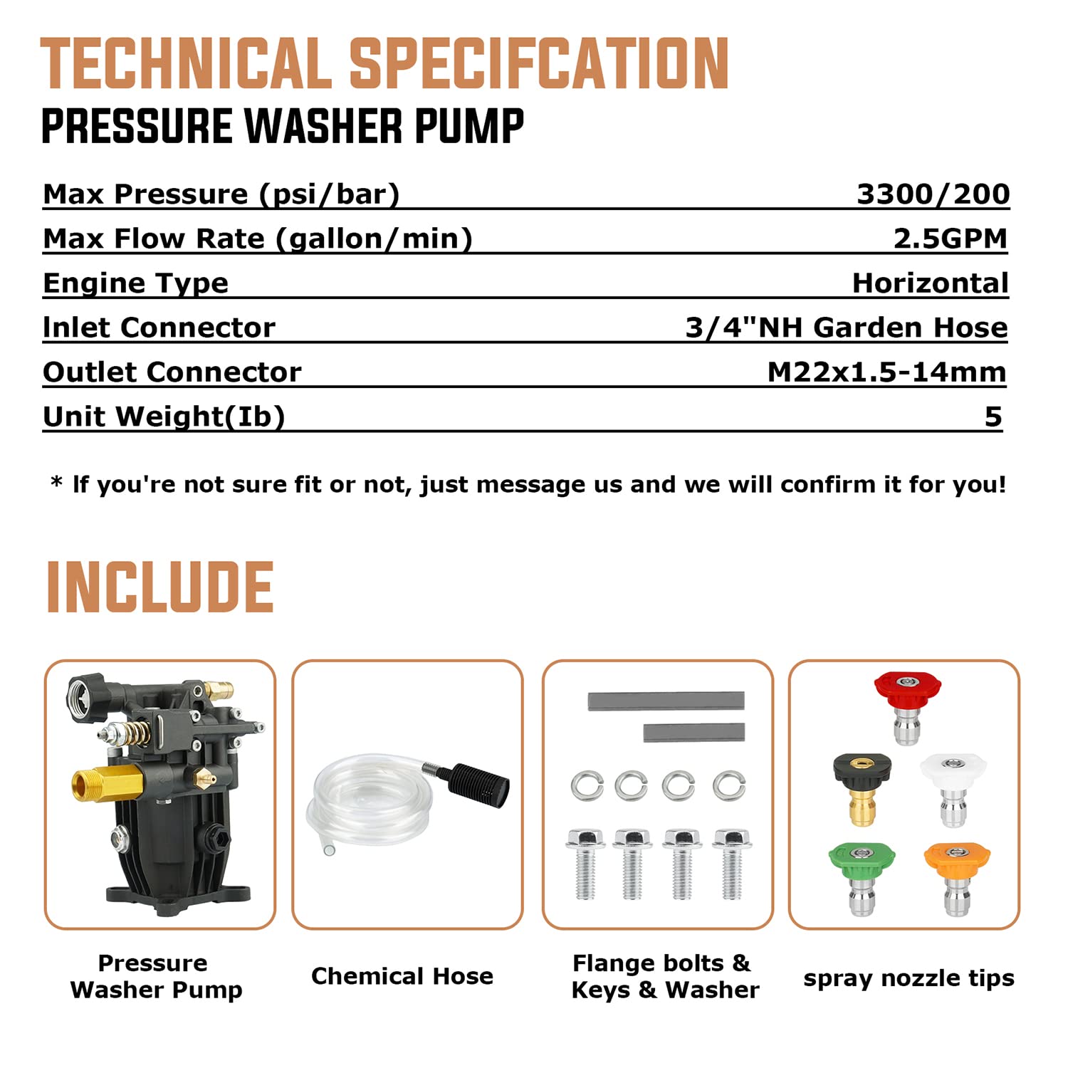 3/4'' Shaft Horizontal Pressure Washer Pump Max 3300 PSI @ 2.5 GPM & Power Washer Pump, Replacement Pump for Troy-Bilt, Karcher, Generac, Simpson, Honda, PowerStroke, Etc.