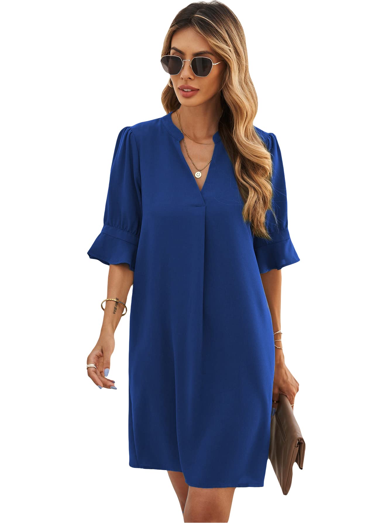 WDIRARA Women's Short Sleeve Notched V Neck Tunic Dress Casual Solid Dresses Royal Blue L