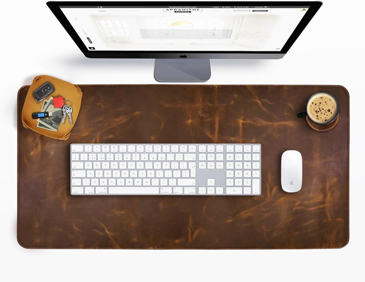 ELIZO Real Leather Desk Mat Set (32x16) Large Desk Cover Blotter Protector Computer Gaming Mouse Pad Table Laptop Office Desktop Accessories Antique 2mm