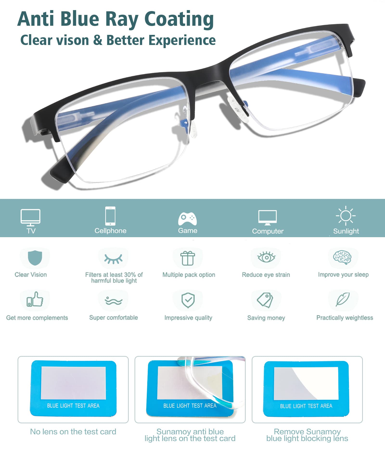 Multifocus Reading Glasses Men Progressive Multifocal Blue Light Computer Reader Half Frame Metal Extra Wide Eyeglasses No Line Bifocals Large Designer Cheaters Transition Square Eyewear 2packs 1.25