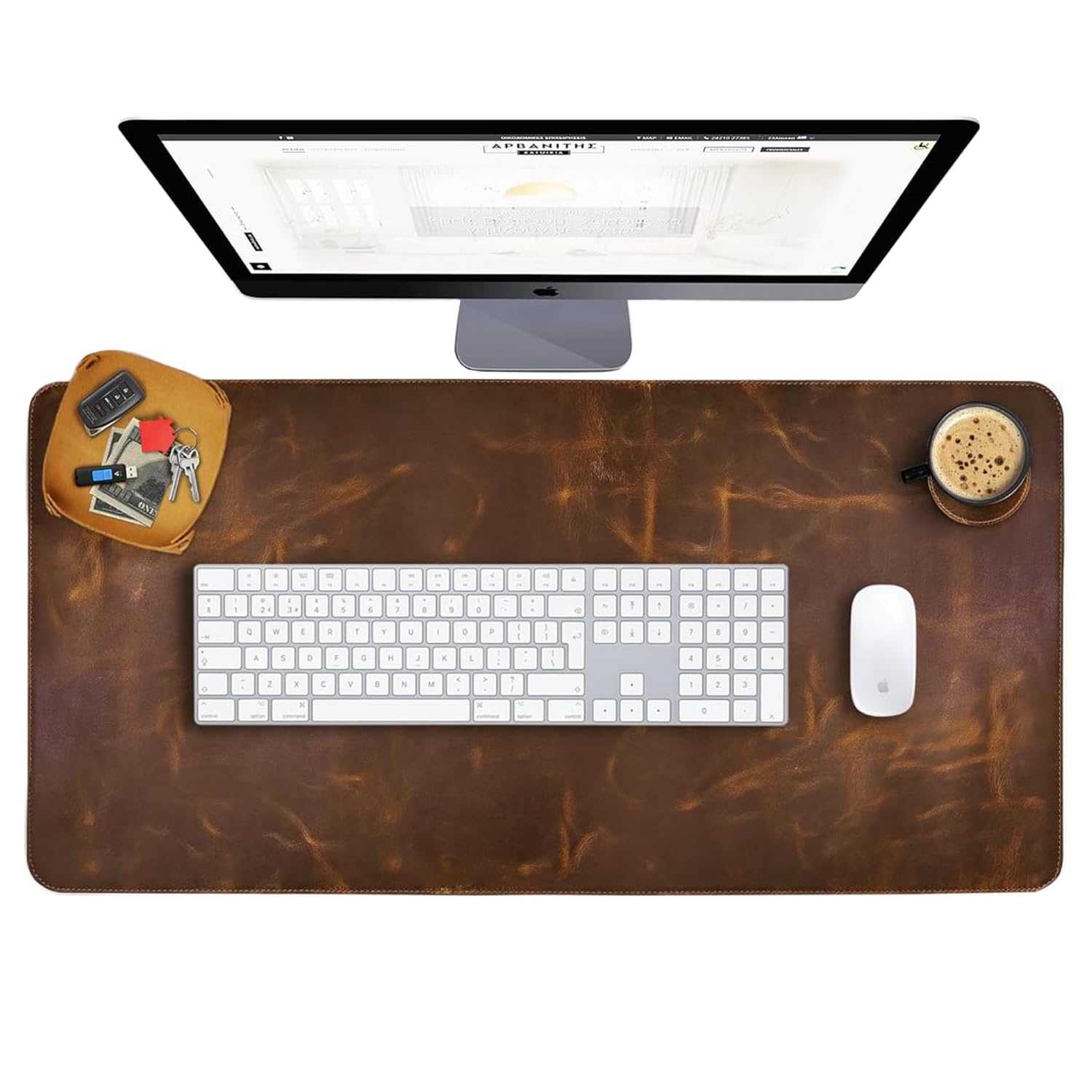 ELIZO Real Leather Desk Mat Set (32x16) Large Desk Cover Blotter Protector Computer Gaming Mouse Pad Table Laptop Office Desktop Accessories Antique 2mm