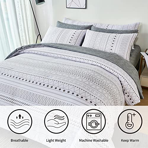 RYNGHIPY Boho Comforter Set Full Size: White Grey Geometric Bed in a Bag for Men Boys - All Season Comfoter with Sheets Pillowcases Soft Microfiber (White,Full Size)