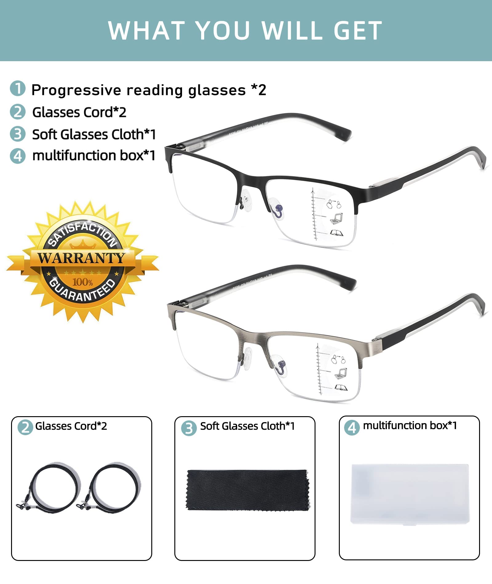 Multifocus Reading Glasses Men Progressive Multifocal Blue Light Computer Reader Half Frame Metal Extra Wide Eyeglasses No Line Bifocals Large Designer Cheaters Transition Square Eyewear 2packs 1.25