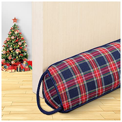 Triangle Under Door Draft Stopper 37 Inches Noise Blocker for Door Bottom Air Seal Insulation and Soundproof, Heavy Duty Weather Guard Snake Stripping, Tartan Check Navy Blue Red