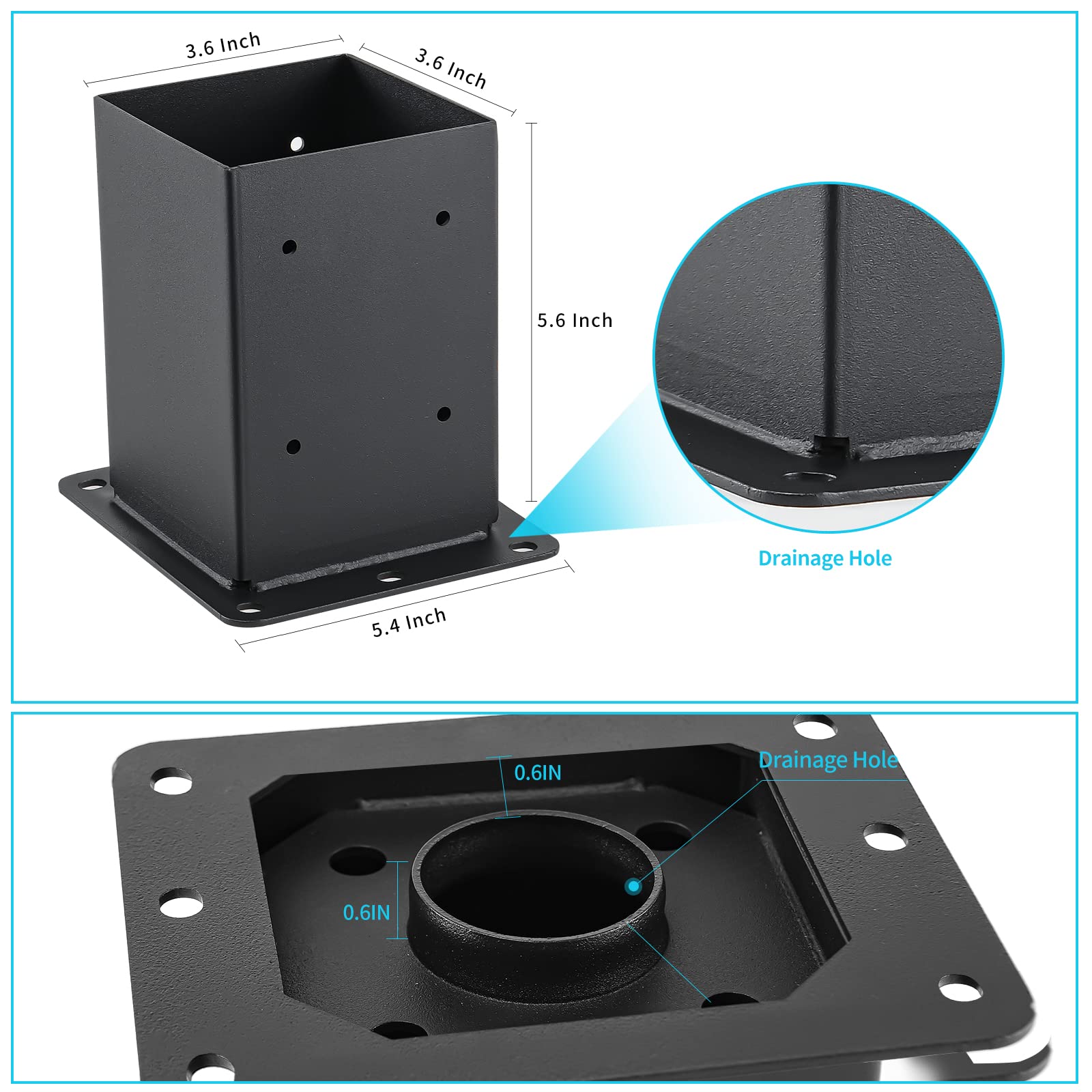 AXWHYS 4x4 Post Base 4 Pcs, (Inner Size 3.6x3.6) Post Anchors, 13GA Thick Solid Steel & Black Powder Coated,Deck Post Brackets Support Deck Base Plate Pergola Brackets Fence Kit Mailbox Mount
