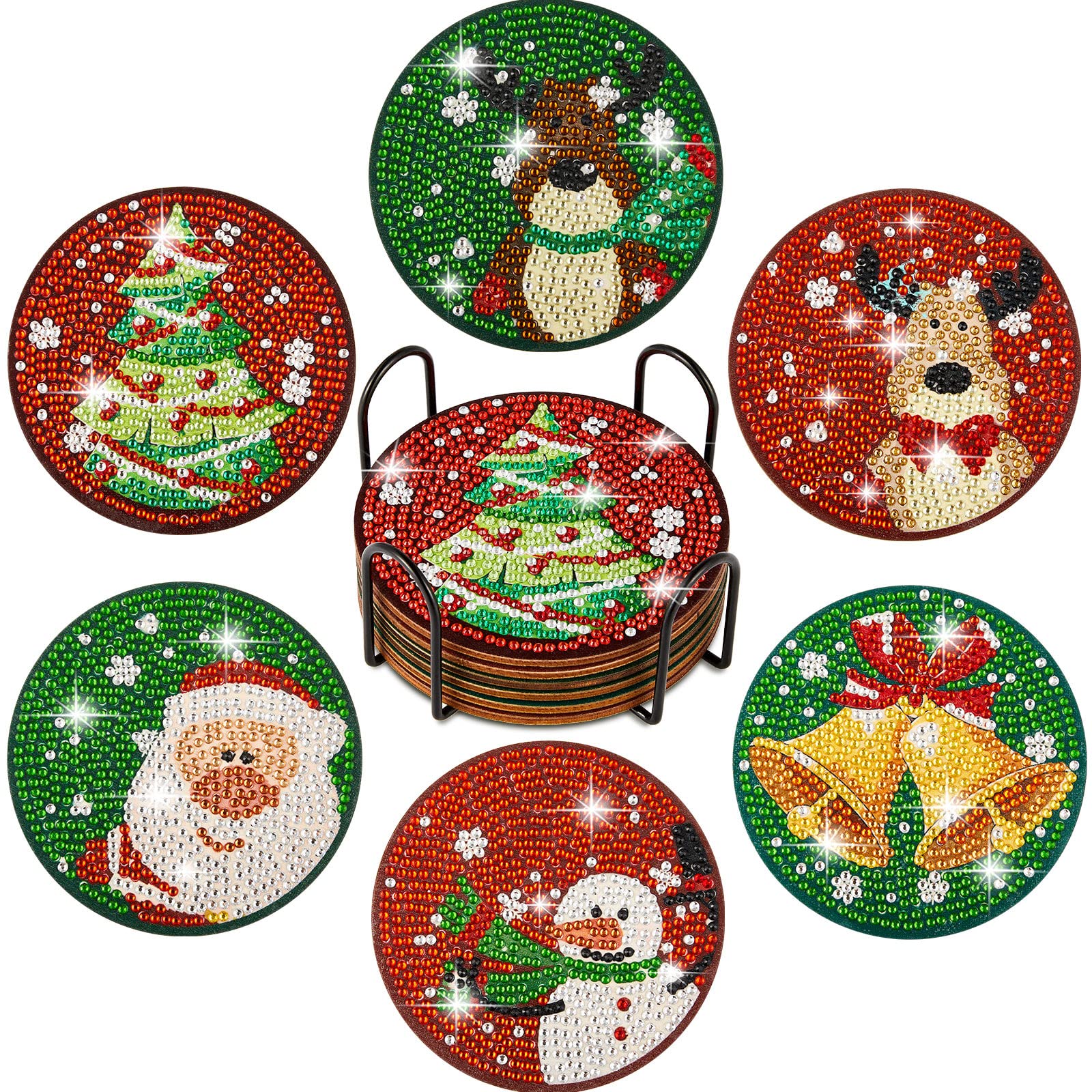 Kajaia 6 Pcs Christmas Diamond Painting Coasters, Christmas Round Diamond Painting Coasters with Holder Xmas Christmas Diamond Art Kits for Beginner Adults Kids Christmas Table Decor Supplies