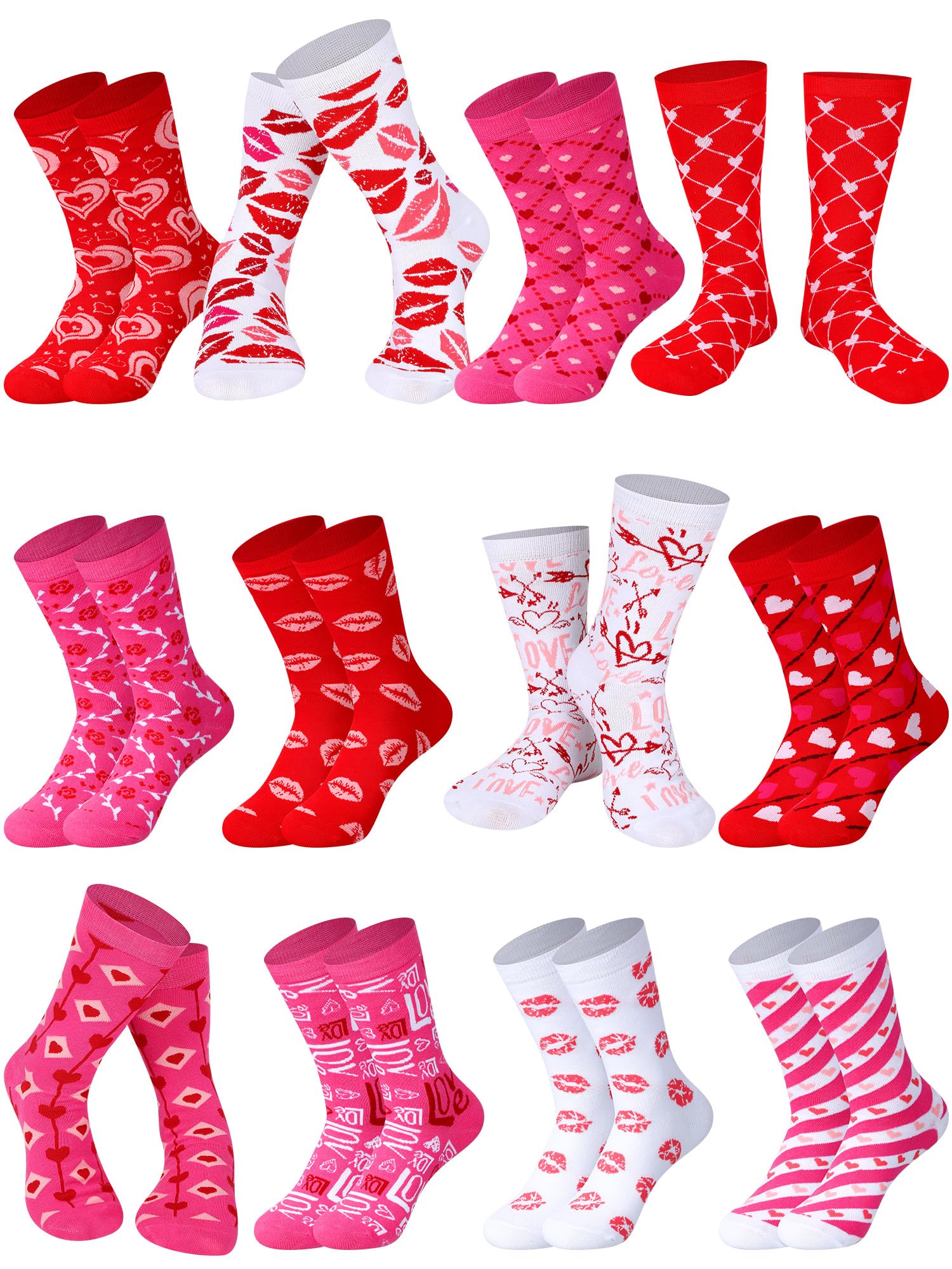 Jeyiour 12 Pairs Socks Bulk Seasonal Holiday Crew Socks Colorful Fancy Soft Stretchy Novelty Design Heart Socks for Women Girls