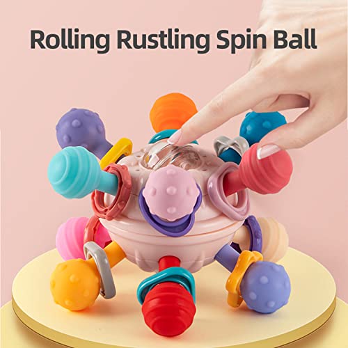 Baby Sensory Teething Toys, Atomic Ball Chew Toys Rattle & Teether Grasping Activities Infant Toy for 0 6 12 Months Boys & Girls Gift(Pink)