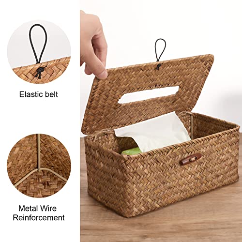 Tissue Box Cover Rectangular,Decorative Tissue Box Holder, Tissue Holder Made of Natural Seagrass for Bathroom Office Car Automotive Decoration-9.8 x 5.5 x 3.9 Inches