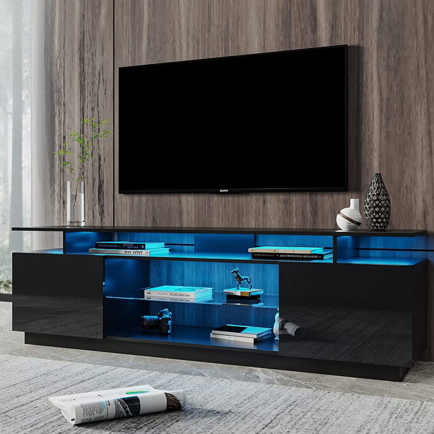 DMAITH Black LED TV Stand for 65 70 75 Inch TV, Modern High Gloss Gaming Entertainment Center with Large Storage Cabinet, TV Media Center with Display Glass Shelves for Living Room, Bedroom
