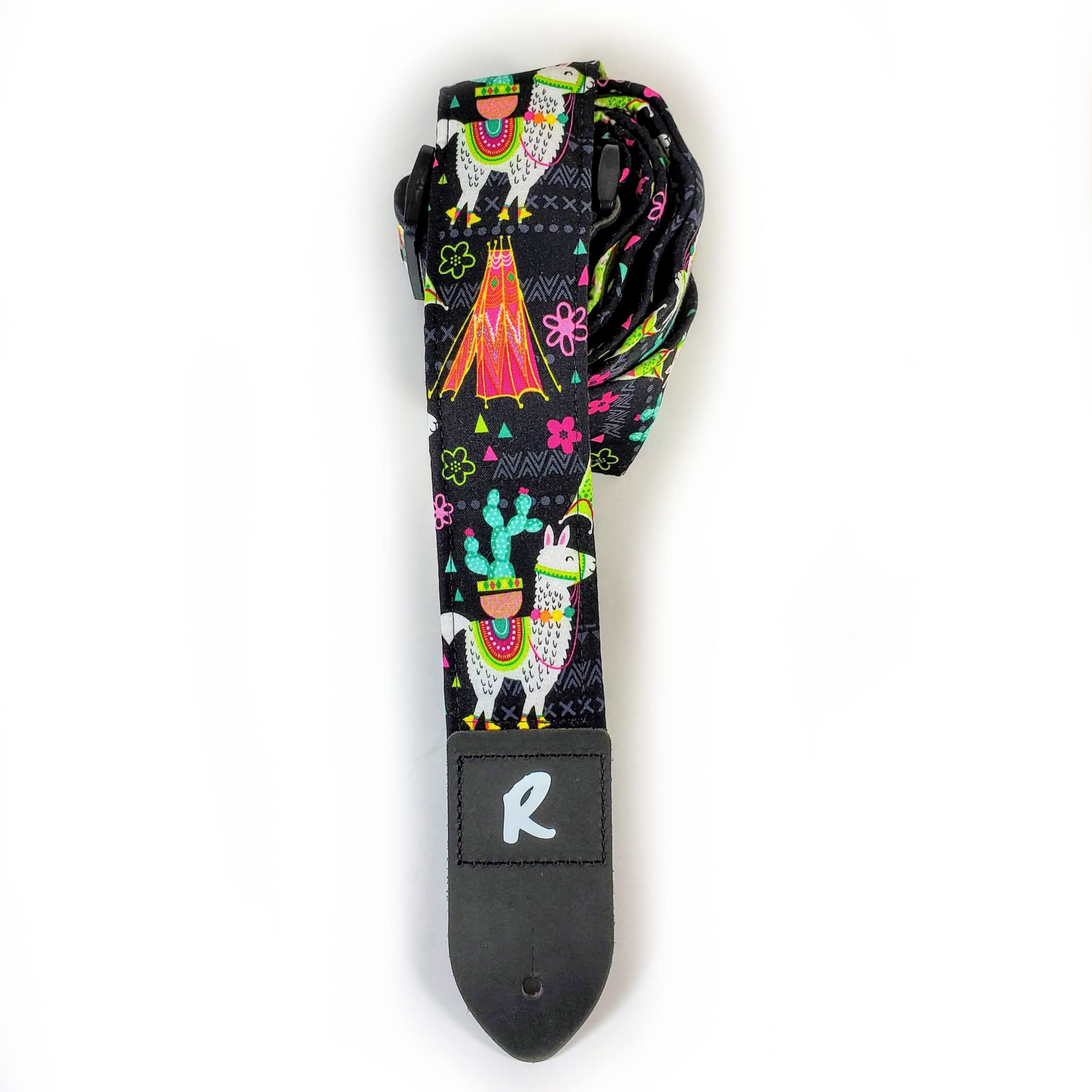 Llama Guitar Strap -Cactus, Genuine Leather Ends, Includes 2 Strap Locks & 1 Pick. Adjustable Strap, For Bass, Electric & Acoustic Guitars Gift for Guitar Players Men, Women & Kids