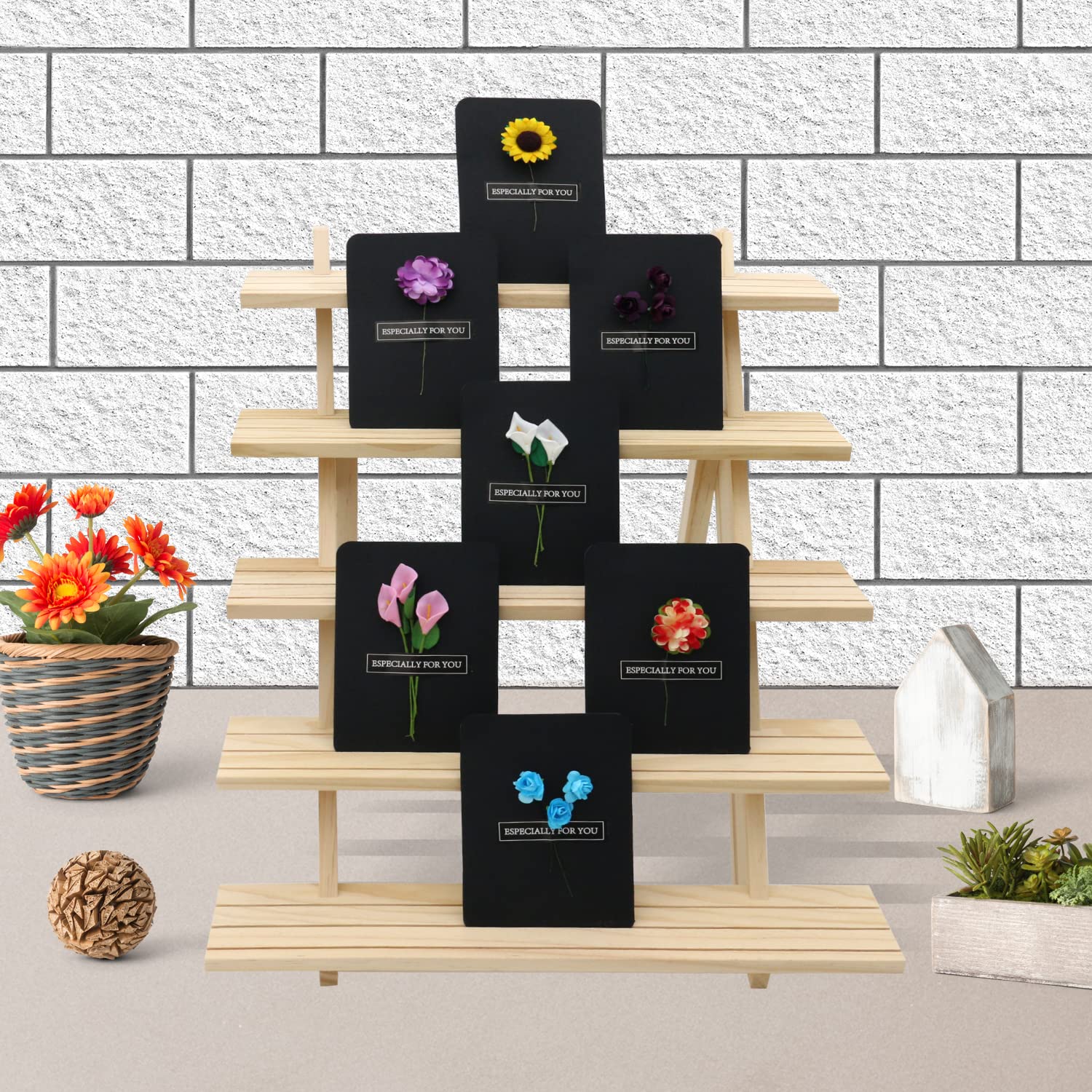 sinyad 101pcs 5-Tier Wood Earring Display Stand, Retail Display Riser Earring, Ring Holder Stand, Removable Countertop Small Merchandise Display Stand with 100 Pcs Earring Card (Wood color)