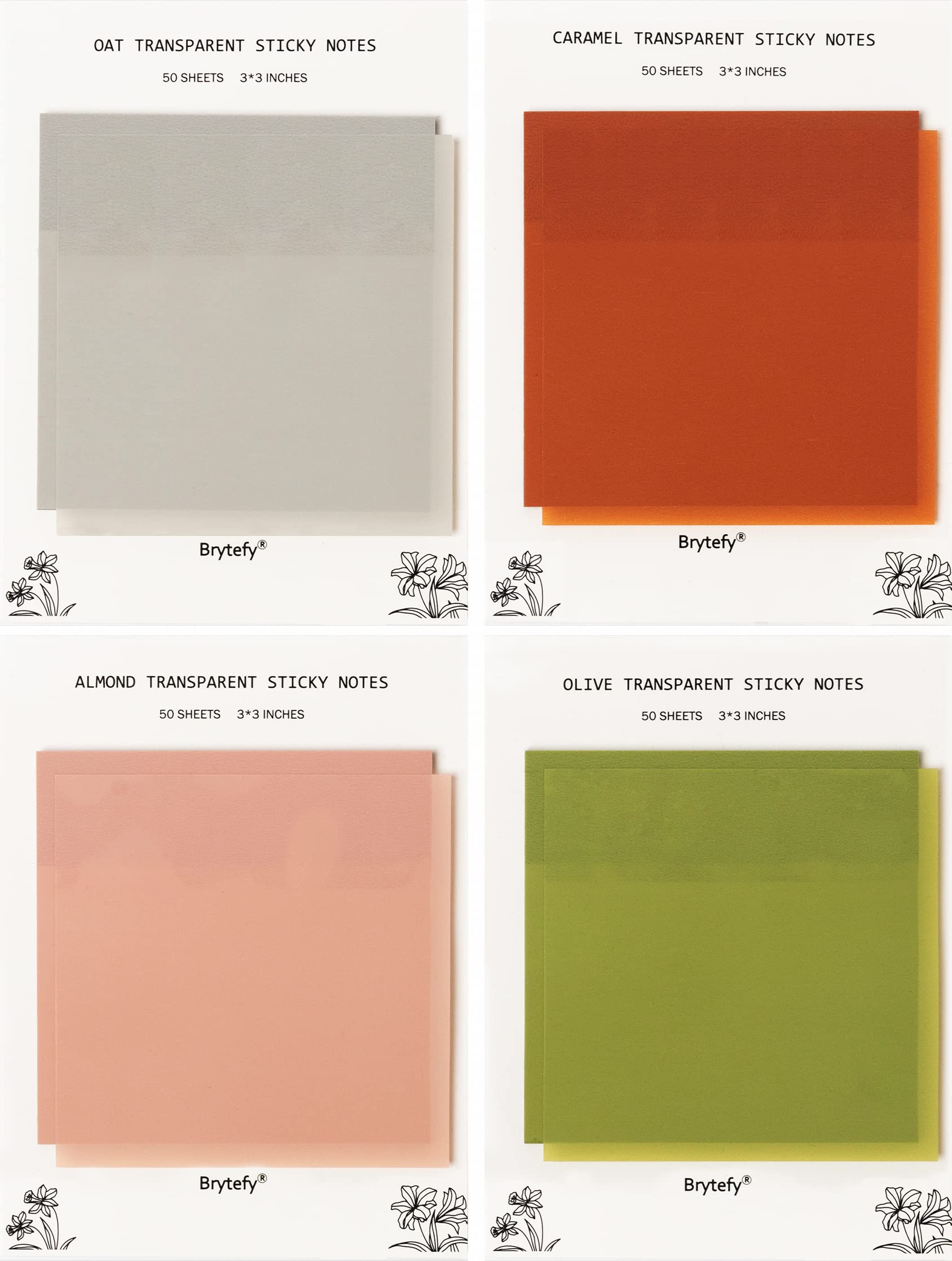 Earth Tone Transparent Sticky Notes, Set of 4 Pads 3''x3” Clear Sticky Tabs, Translucent Page Flags, Planner Accessories, Bible Journaling Study Office School Supplies (Earth Tone)