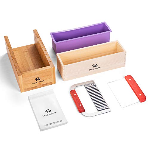 Soap Molds Making Kit with Wooden Cutter Measuring Box (44oz Purple Silicone) | for Adults, Melt and Pour or Cold Process, 100pc Bags, Stainless Steel Wavy & Straight Slicer