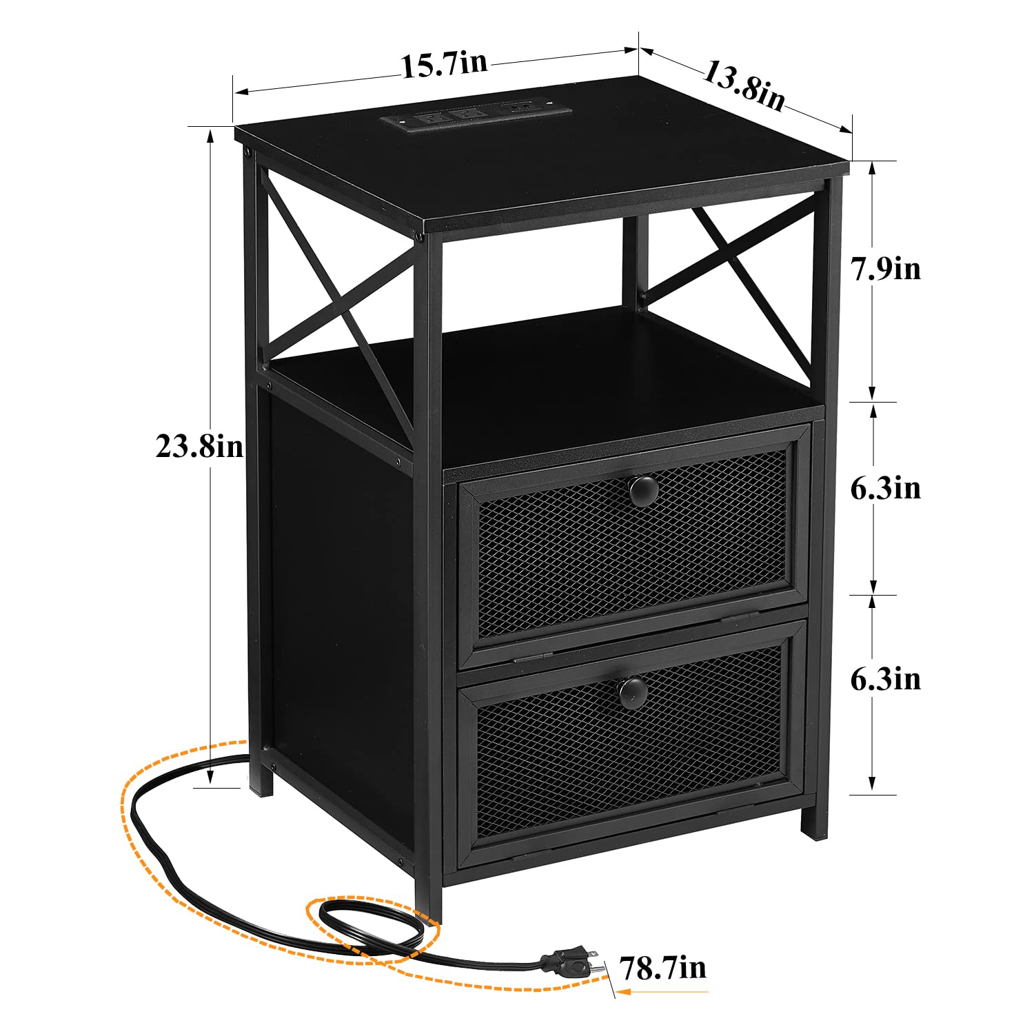 VECELO Black End Table Set of 2 with USB Ports and Outlets,24Inch Nightstands with Charging Station and Storage Shelf for Bedroom,Living Room