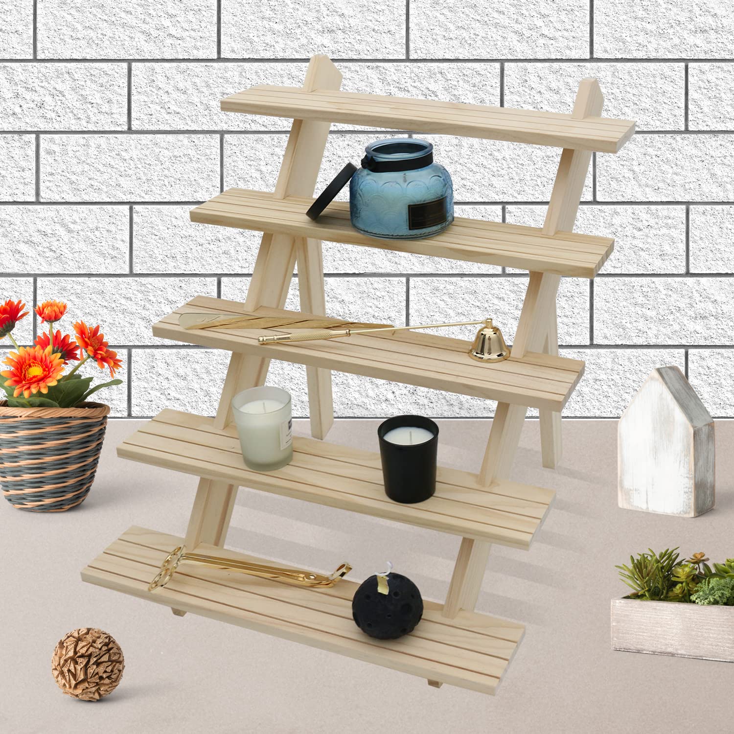 sinyad 101pcs 5-Tier Wood Earring Display Stand, Retail Display Riser Earring, Ring Holder Stand, Removable Countertop Small Merchandise Display Stand with 100 Pcs Earring Card (Wood color)
