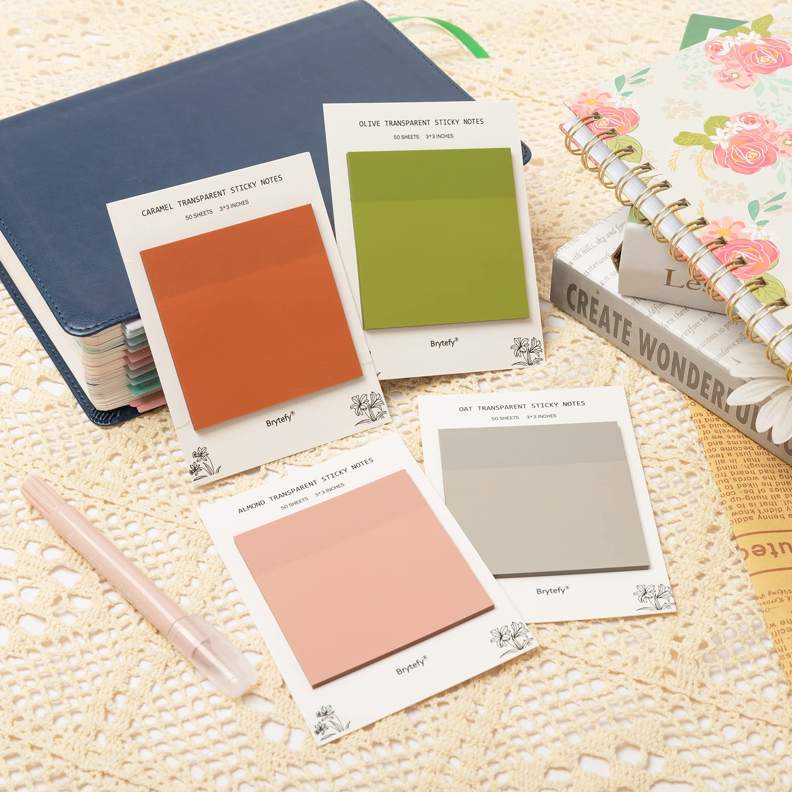 Earth Tone Transparent Sticky Notes, Set of 4 Pads 3''x3” Clear Sticky Tabs, Translucent Page Flags, Planner Accessories, Bible Journaling Study Office School Supplies (Earth Tone)