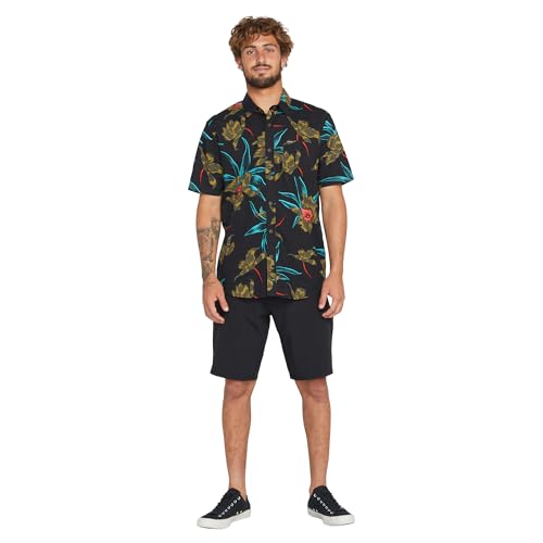 Volcom Men's Regular Marble Floral Short Sleeve Button Down Hawaiian Shirt, Black Combo, X-Large