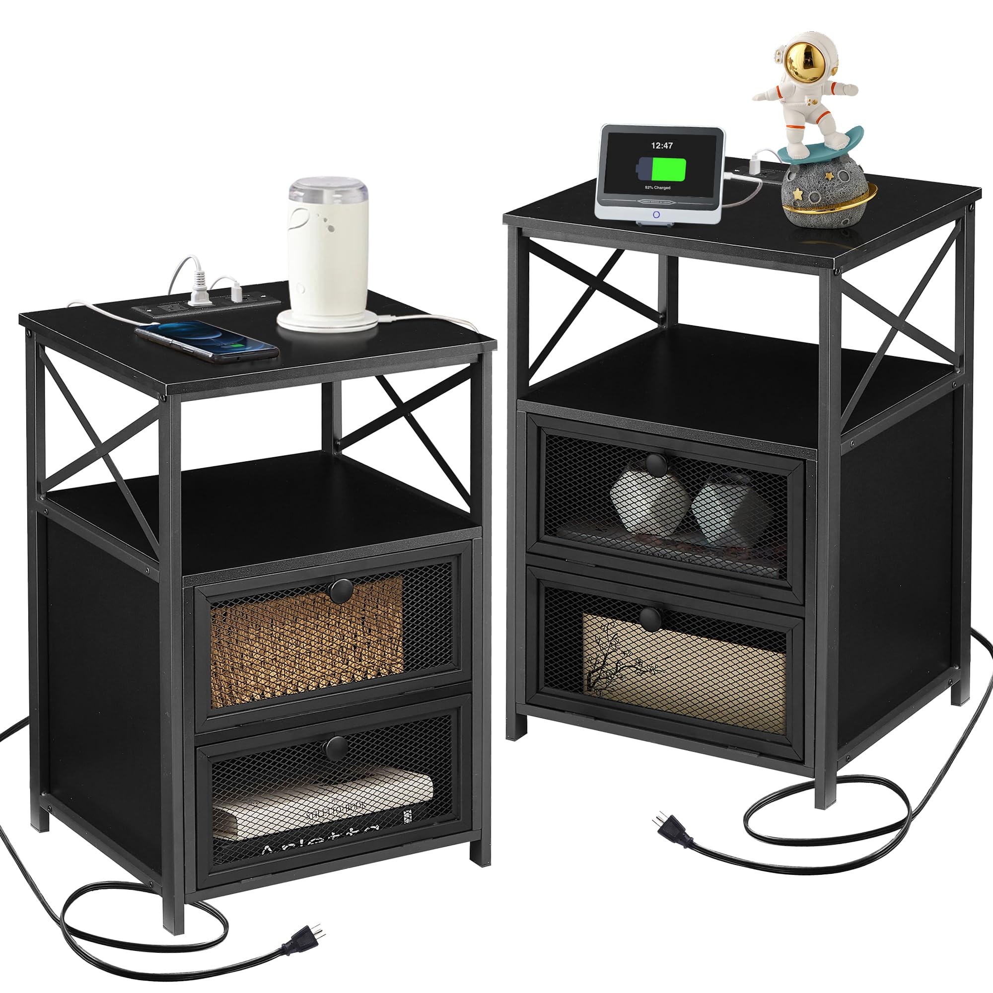 VECELO Black End Table Set of 2 with USB Ports and Outlets,24Inch Nightstands with Charging Station and Storage Shelf for Bedroom,Living Room