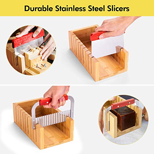 Soap Molds Making Kit with Wooden Cutter Measuring Box (44oz Purple Silicone) | for Adults, Melt and Pour or Cold Process, 100pc Bags, Stainless Steel Wavy & Straight Slicer