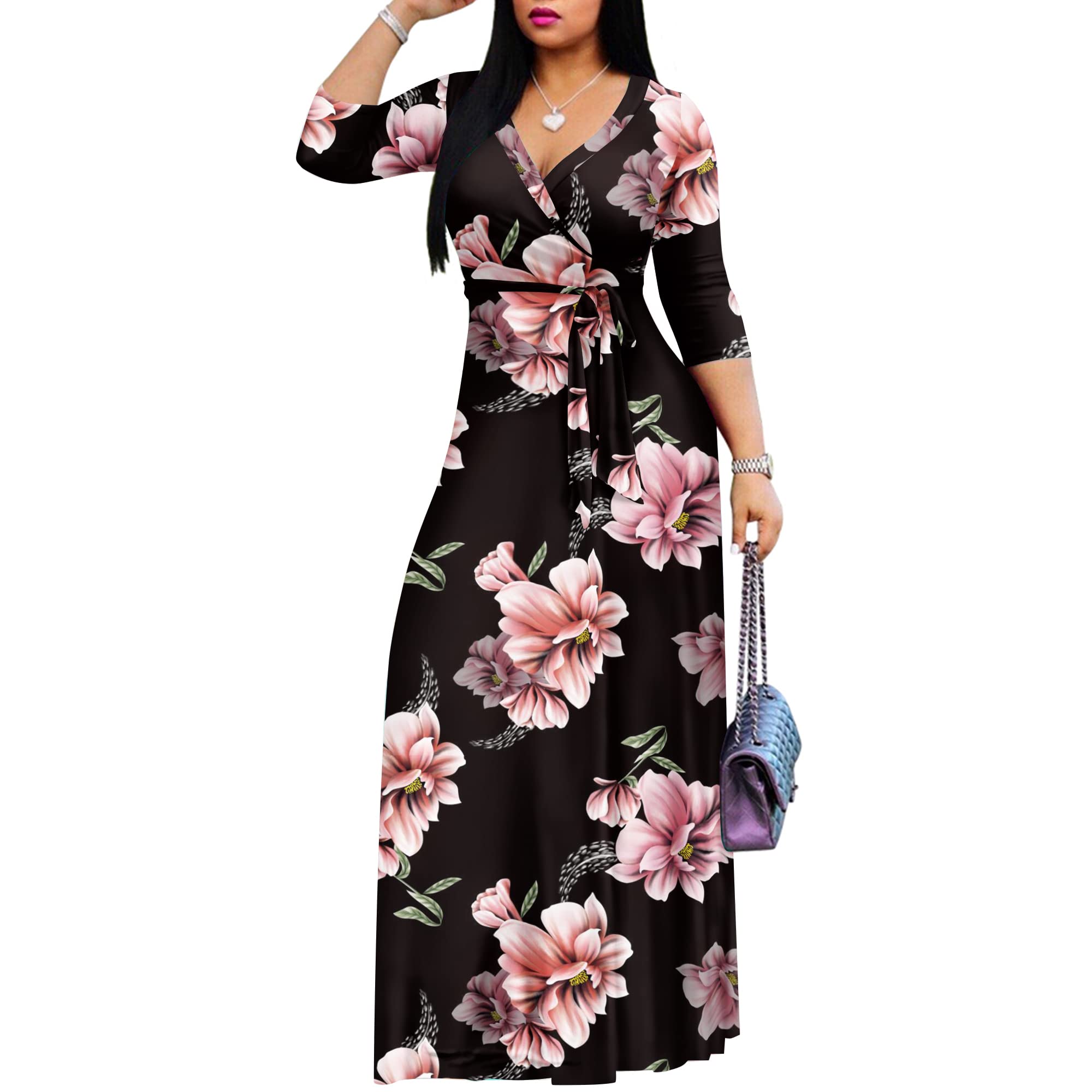 AOMONI Women's Maxi Floral Print Casual 3/4 Sleeve V-Neck Wrap Tie Waist Long Dress Pink Large