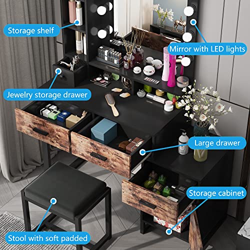 PAKASEPT Makeup Desk with Mirror and Lights, Desk and Chair, Vanity Table Set with Cushioned Stool, Shelves & Drawers, Storage Cabinet for Bedroom, Brown