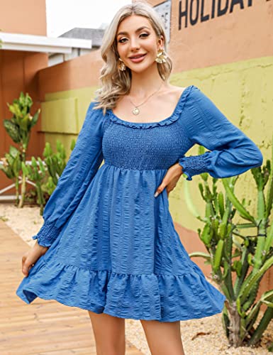 KOJOOIN Women's Summer Dresses 2023 Casual Square Neck Ruffle Sleeve Beach Flowy A Line Blue Mini Dress