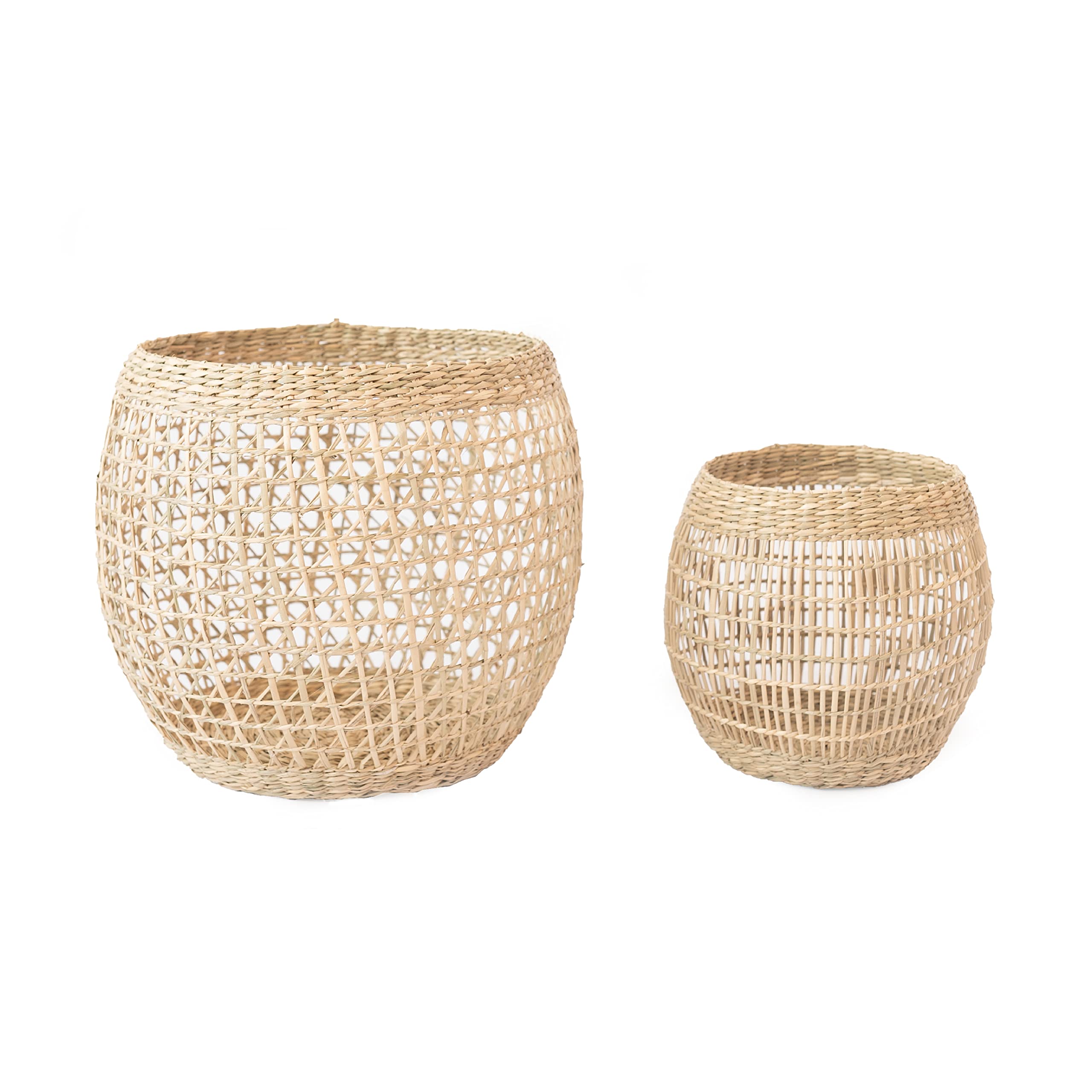 LilaCraft Set 2 Woven Seagrass Lanterns, Boho Wicker Lantern with Round Shape, Decorative Seagrass Candle Holders, Wicker Pendant Light Shade for Kitchen Dinning Room Bedroom