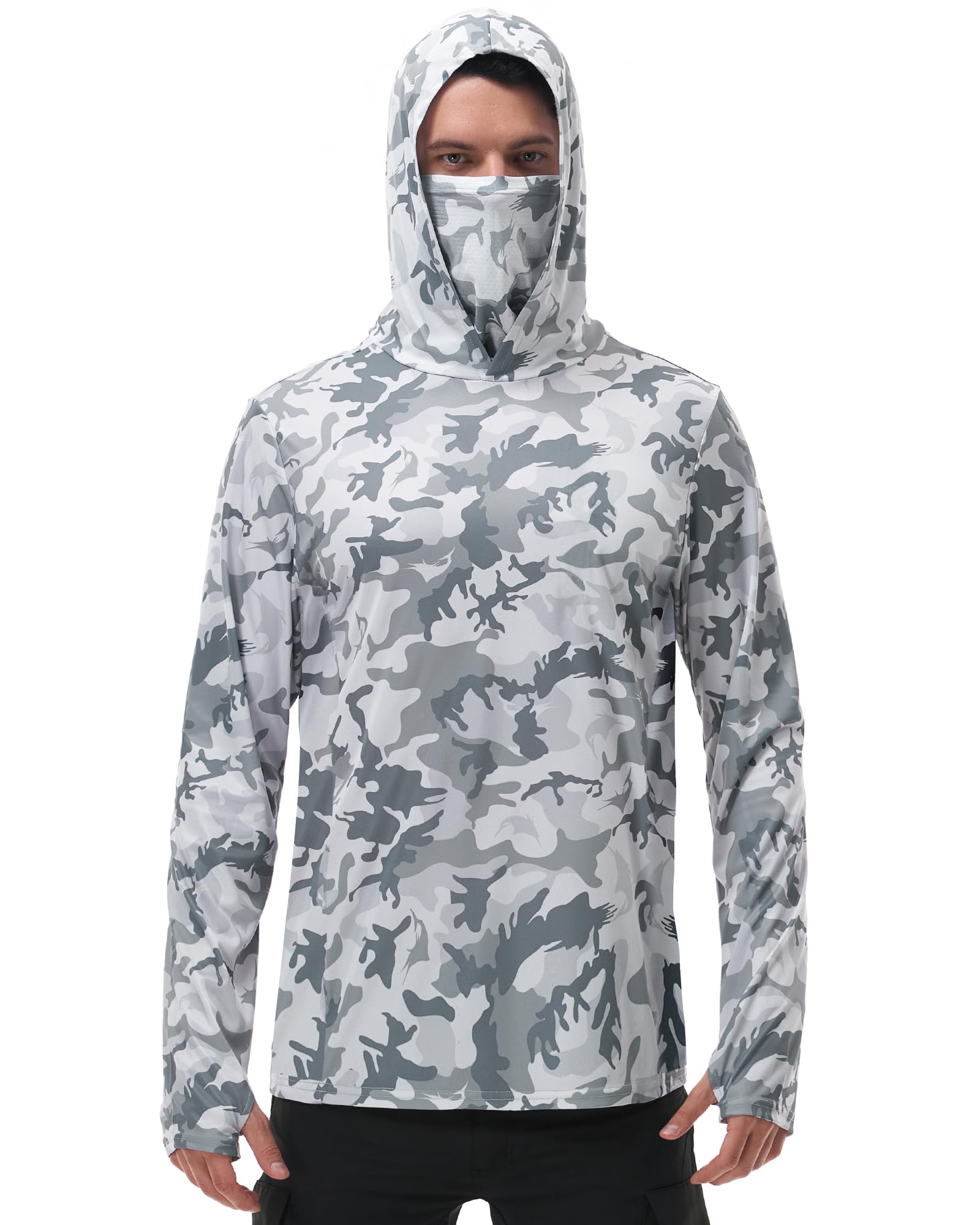 FISHEAL Men's Performance Fishing Hoodie Shirt - UPF 50+ Sun Protection Long Sleeve Thumbholes Shirts with Neck Gaiter