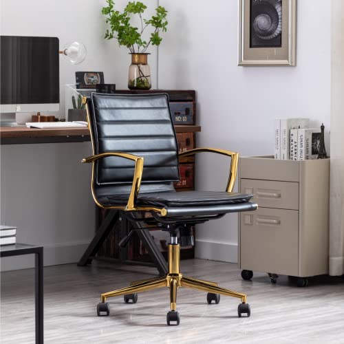 CIMOO Black Leather Office Chair Small Desk Chair Gold Executive Office Chair with Wheels Swivel Arm Chair Retro Task Chairs