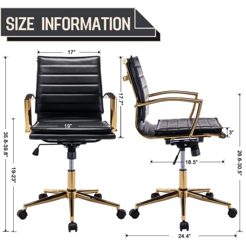 CIMOO Black Leather Office Chair Small Desk Chair Gold Executive Office Chair with Wheels Swivel Arm Chair Retro Task Chairs