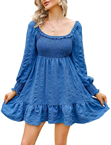 KOJOOIN Women's Summer Dresses 2023 Casual Square Neck Ruffle Sleeve Beach Flowy A Line Blue Mini Dress