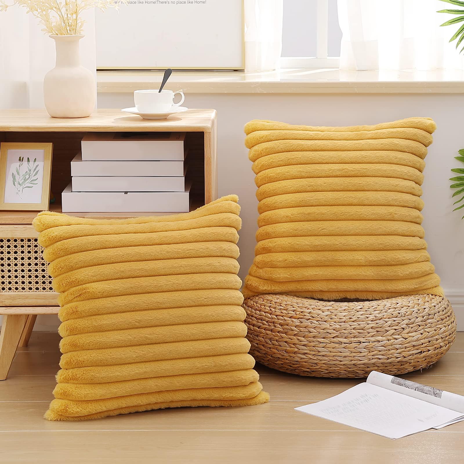 Pallene Faux Fur Plush Throw Pillow Covers 18x18 Set of 2, Luxury Soft Fluffy Striped Decorative Pillow Covers for Sofa, Couch, Living Room, Mustard Yellow
