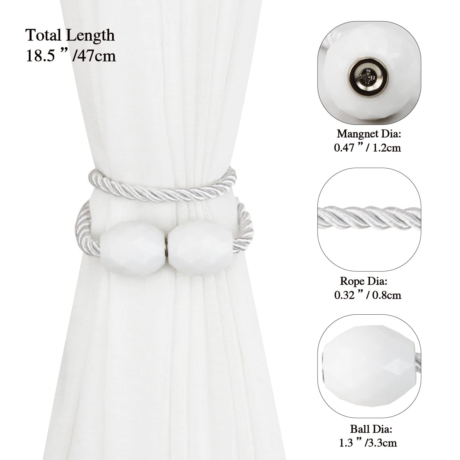 Porlau Strong Magnetic Curtain Tiebacks White 4 Pack Decorative Tie Backs Outdoor Curtain Rope Tiebacks Elegant Curtain Holdbacks for Drapes