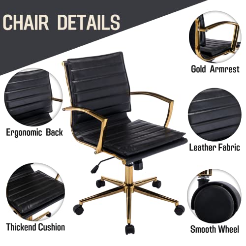 CIMOO Black Leather Office Chair Small Desk Chair Gold Executive Office Chair with Wheels Swivel Arm Chair Retro Task Chairs