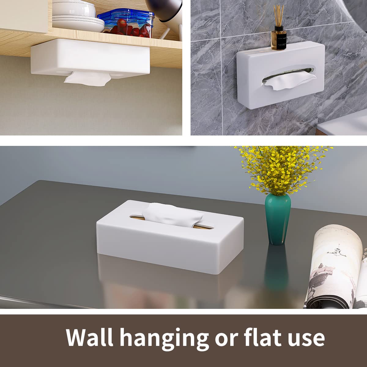 Y-in Hand Tissue Box Cover, Rectangular White Wall Mounted Facial Paper Holder Dispenser, Prefert for Storage on Bathroom Vanity, Kitchen, Night Stand, Countertops Office and Car.