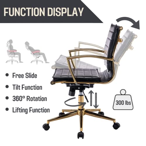 CIMOO Black Leather Office Chair Small Desk Chair Gold Executive Office Chair with Wheels Swivel Arm Chair Retro Task Chairs