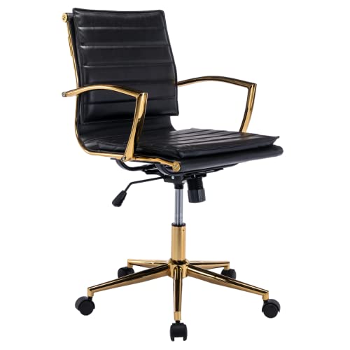 CIMOO Black Leather Office Chair Small Desk Chair Gold Executive Office Chair with Wheels Swivel Arm Chair Retro Task Chairs