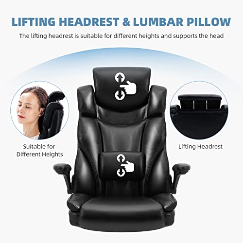 YAMASORO Ergonomic Office Chair Leather Computer Desk High Back Executive Chairs with Wheels and Flip-up Arms, Adjustable Headrest, Tilt and Lumbar Support, Black