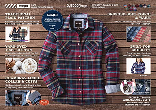CQR Women's Plaid Flannel Shirt Long Sleeve, All-Cotton Soft Brushed Casual Button Down Shirts, Flannel Plaid Shirts Aqua Coral, Medium
