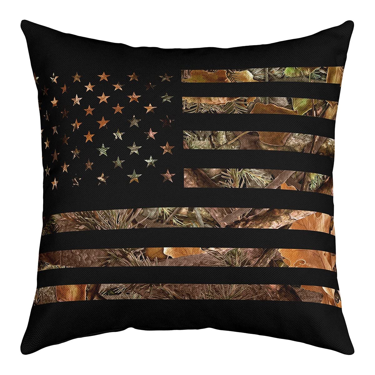 American Flag Camo Throw Pillow Cover 22x22, Military Hunting Pillow Cover, Rustic Tree Leaves Camouflage Cushion Case, Nature Conifer Oak Branches Decorative Pillow Cover For Boys, Black Brown
