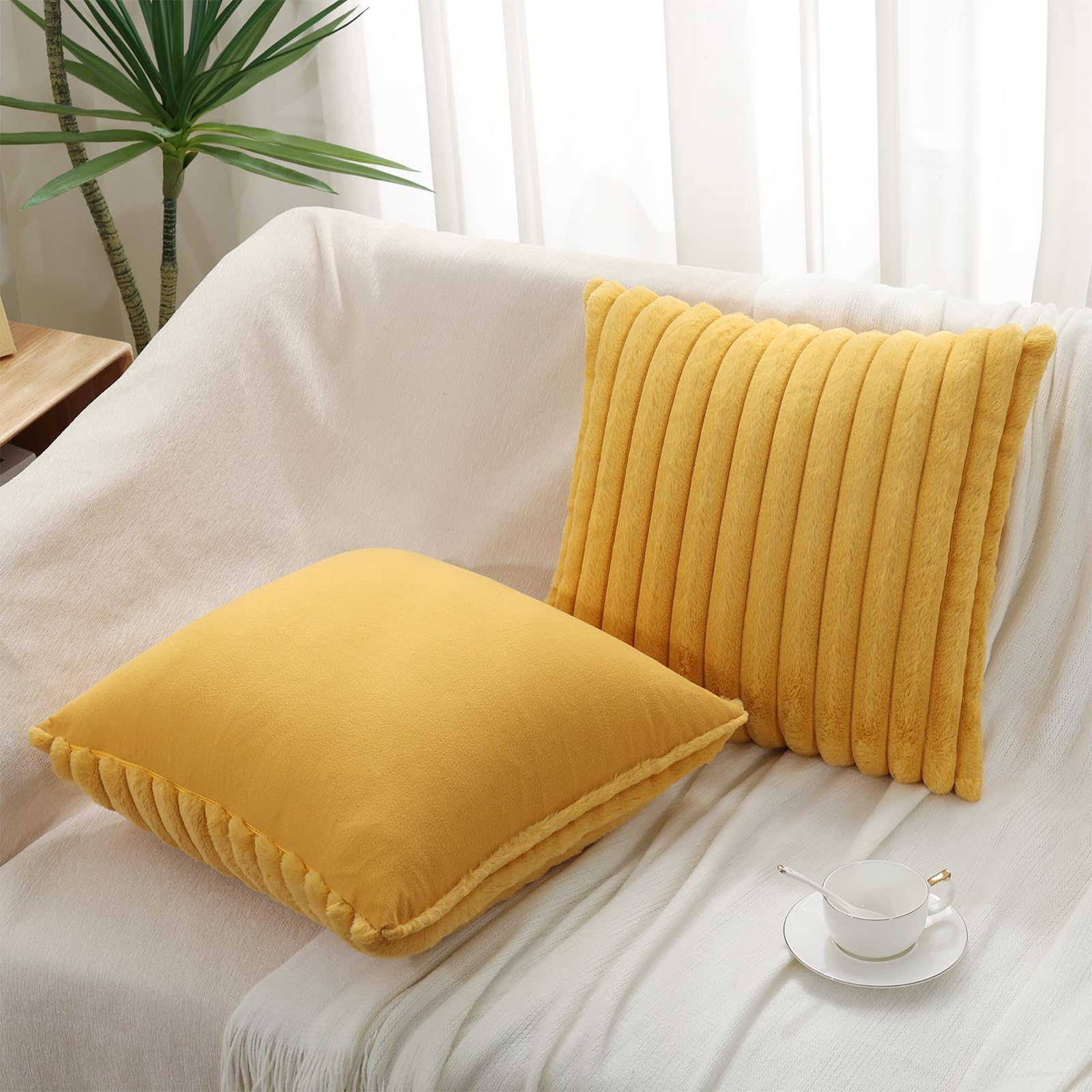 Pallene Faux Fur Plush Throw Pillow Covers 18x18 Set of 2, Luxury Soft Fluffy Striped Decorative Pillow Covers for Sofa, Couch, Living Room, Mustard Yellow