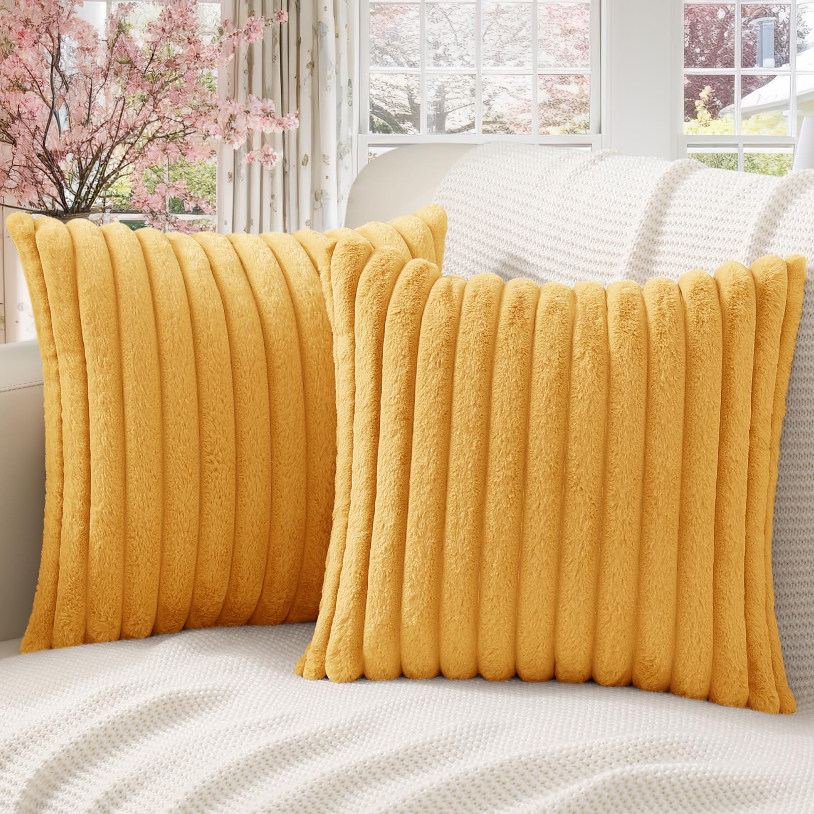 Pallene Faux Fur Plush Throw Pillow Covers 18x18 Set of 2, Luxury Soft Fluffy Striped Decorative Pillow Covers for Sofa, Couch, Living Room, Mustard Yellow