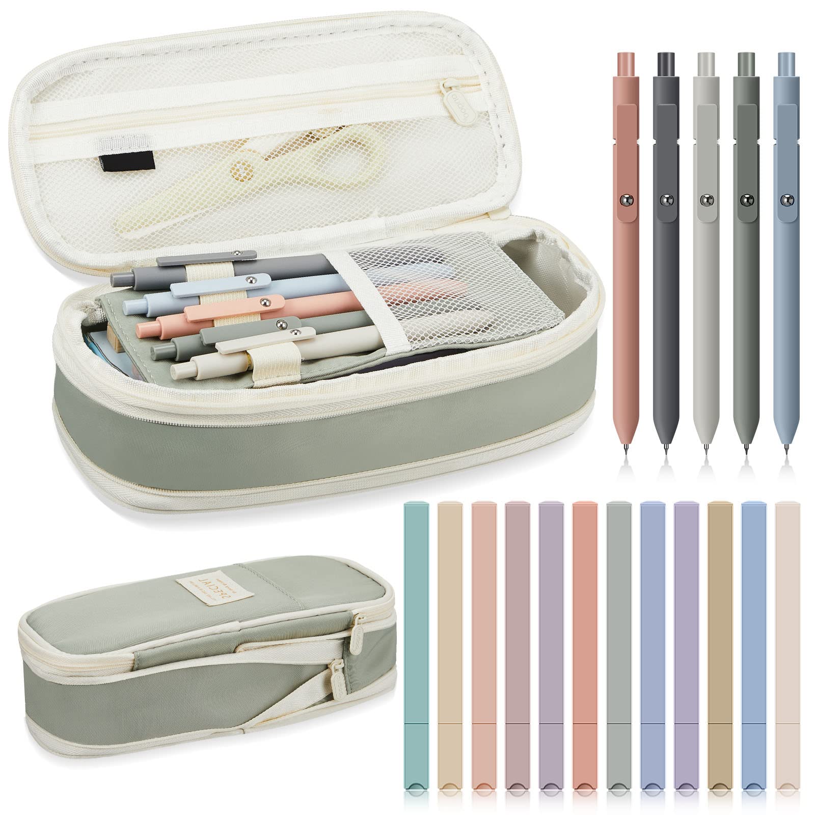Henoyso 18 Set Aesthetic Bible Study Supplies Include Big Capacity Pen Bag with Zipper 12 Pcs Chisel Tip Bible Highlighters 5 Pcs Quick Dry Retractable Black Ink Pens for Office(Green)
