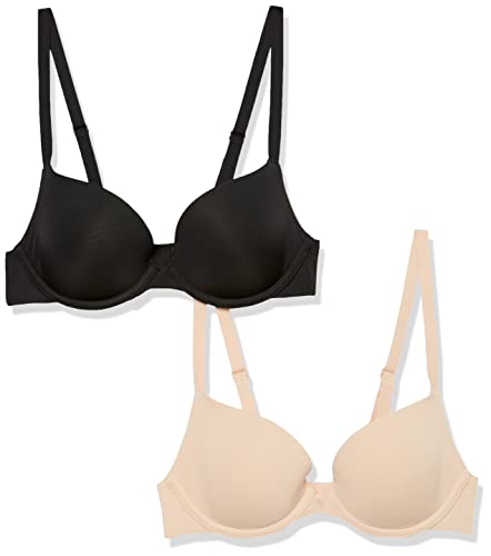 Amazon Essentials Deep Plunge Bras for Women, Lightly Lined, Pack of 2, Black/Soft Petal, Size 40A