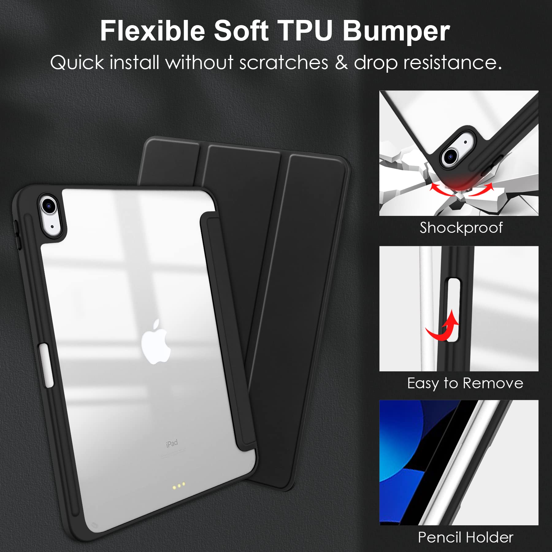 iCatchy for iPad 10th Generation Case (10.9 Inch 2022) Ultra Slim Hard Back Clear Cover With Tri-fold Stand (Black)