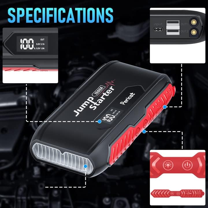 1500A Peak 18000mAh Portable Jump Starter Pack(Up to 7.0L Gas and 5.5L Diesel Engine), 12V Auto Booster Battery Charger Lithium Car Jump Starter Box with LED Screen & Light